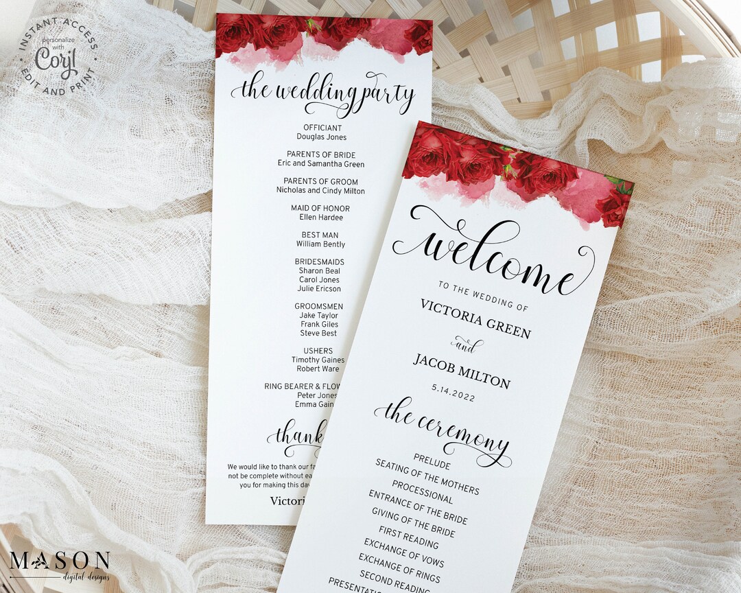 Red Wedding Program Template Download With Red Roses and Red - Etsy