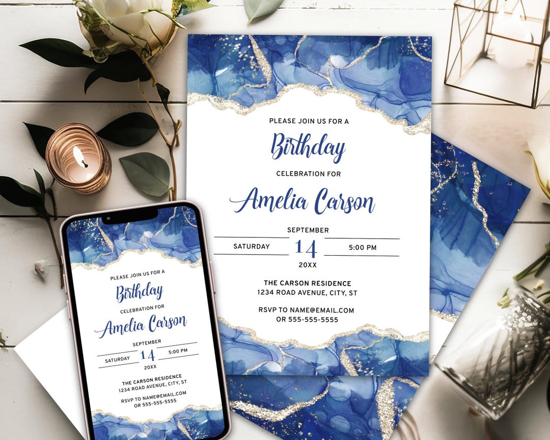 Blue Watercolor Birthday Party Invitation Template, Editable, Printable ...