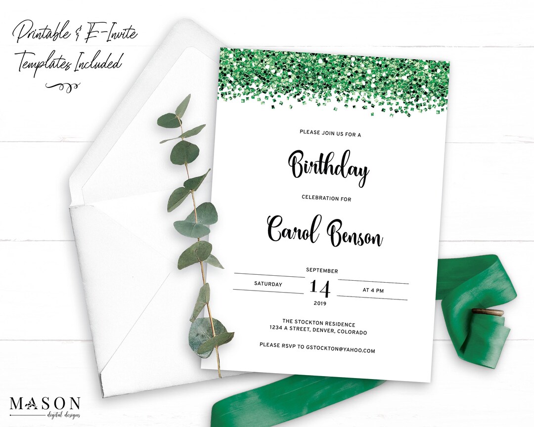 Green Birthday Party Invitation Sparkling Glitter Invite for - Etsy