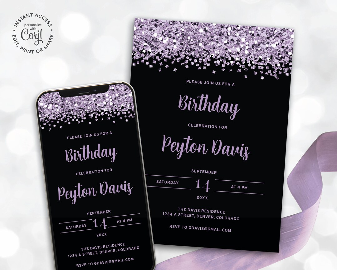 Black and Lavender Birthday Invitation Template Printable - Etsy
