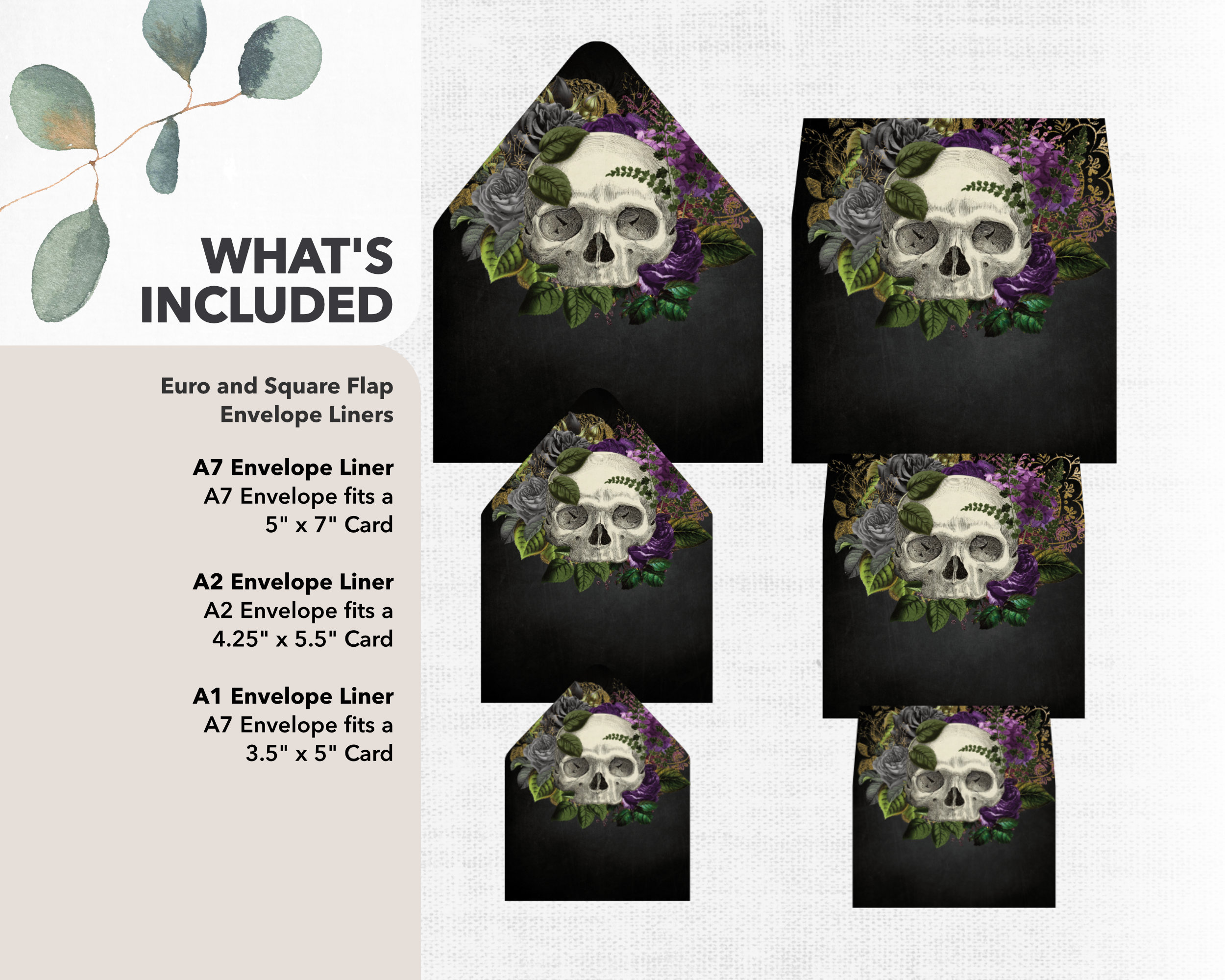 Goth Wedding Envelope Liners With a Masquerade Skull of Purple Flowers ...