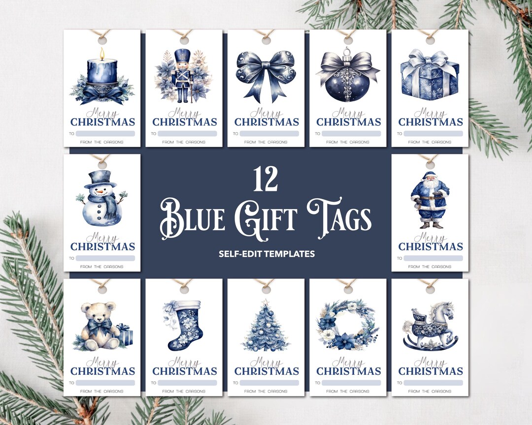 Blue Christmas Gift Tag Templates, Blue Symbols of the Holidays: Santa ...