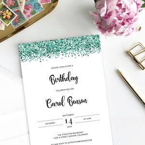 Mint Green Birthday Party Invitation Sparkling Glitter Invite - Etsy