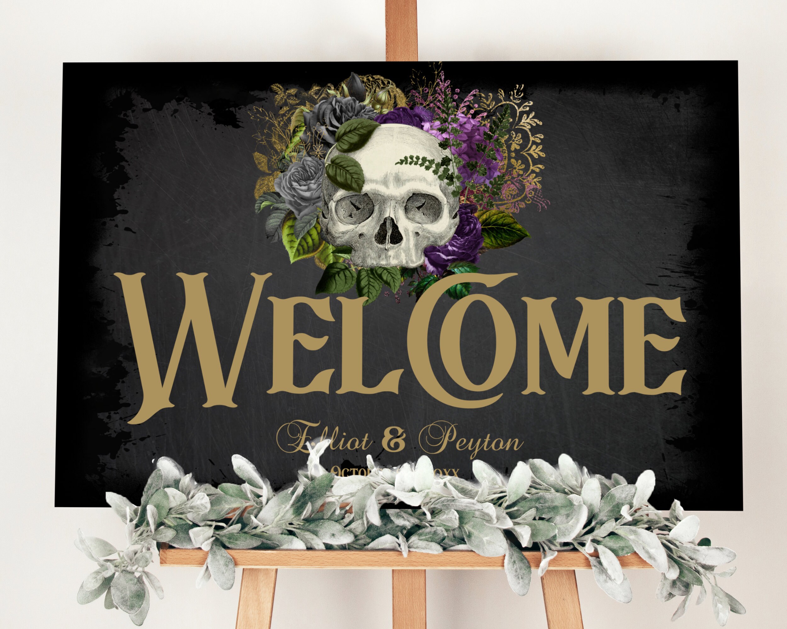 Goth Wedding Welcome Sign Template With a Masquerade Skull of Purple ...