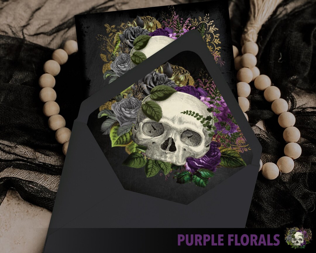 Goth Wedding Envelope Liners With a Masquerade Skull of Purple Flowers ...