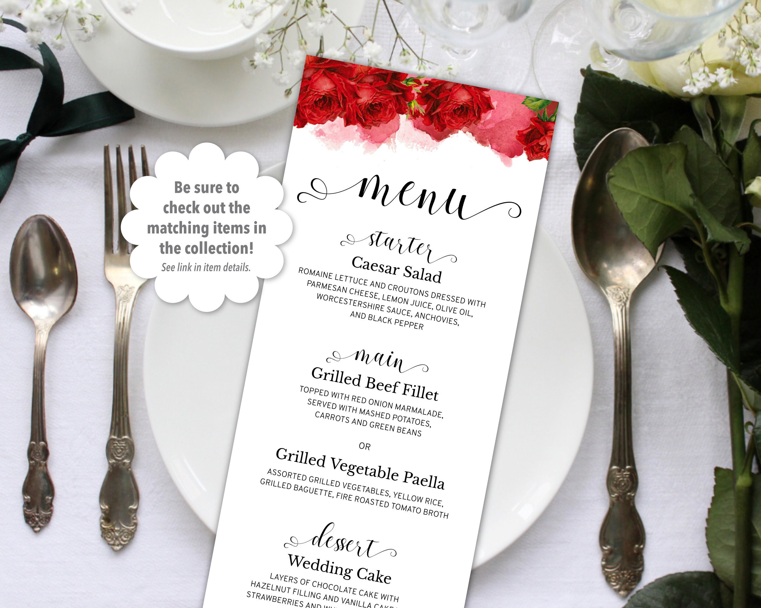 Wedding Menu Printable Template With Red Roses and Red Watercolor ...