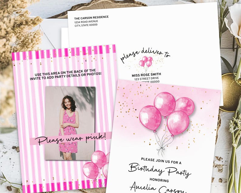 Pink Balloon Birthday Party Invitation Template, Printable and ...