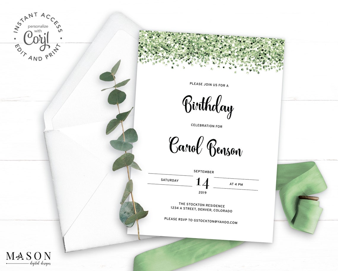 Light Green Birthday Party Invitation Template DIY Printable | Etsy