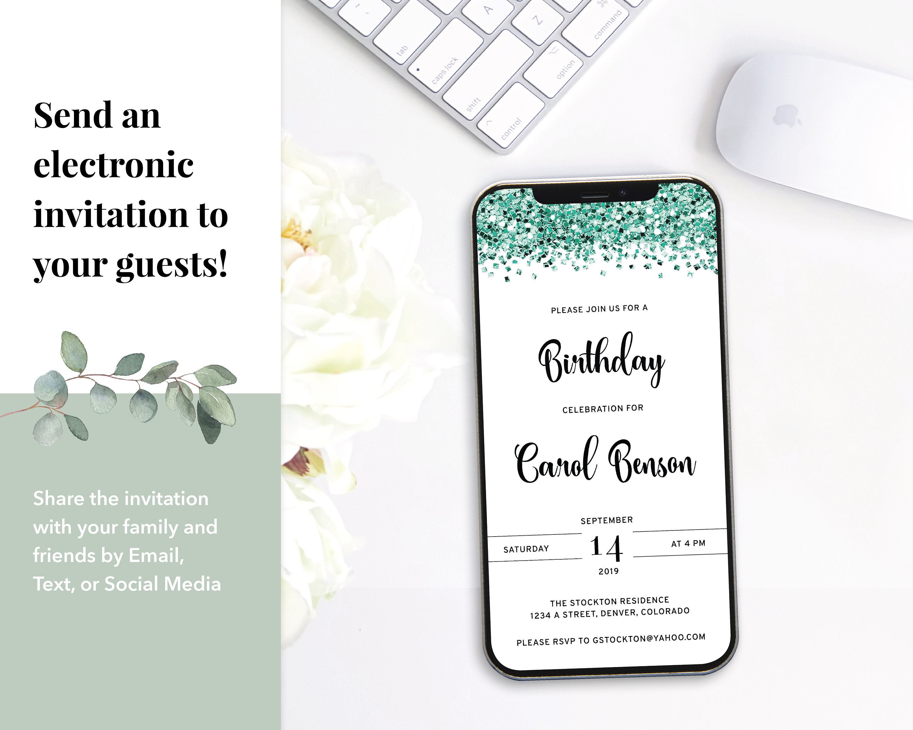 Mint Green Birthday Party Invitation Sparkling Glitter Invite - Etsy