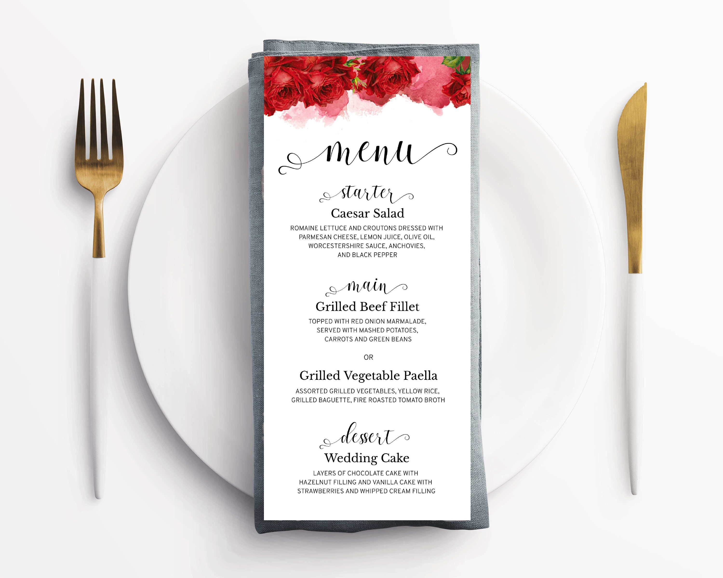 Wedding Menu Printable Template With Red Roses and Red - Etsy