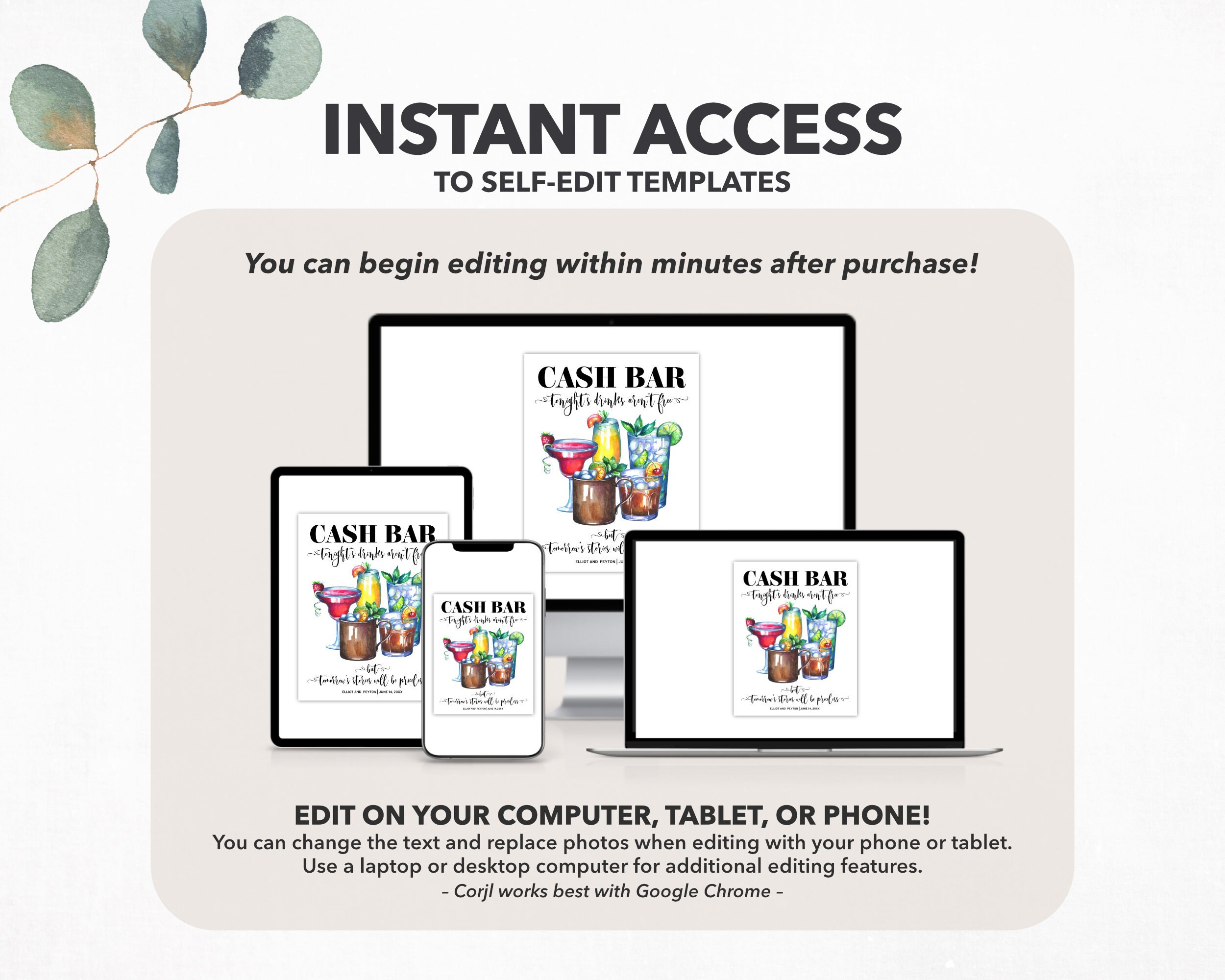 CASH BAR SIGN, Printable Template Drink Sign With Cocktails, Drinks ...