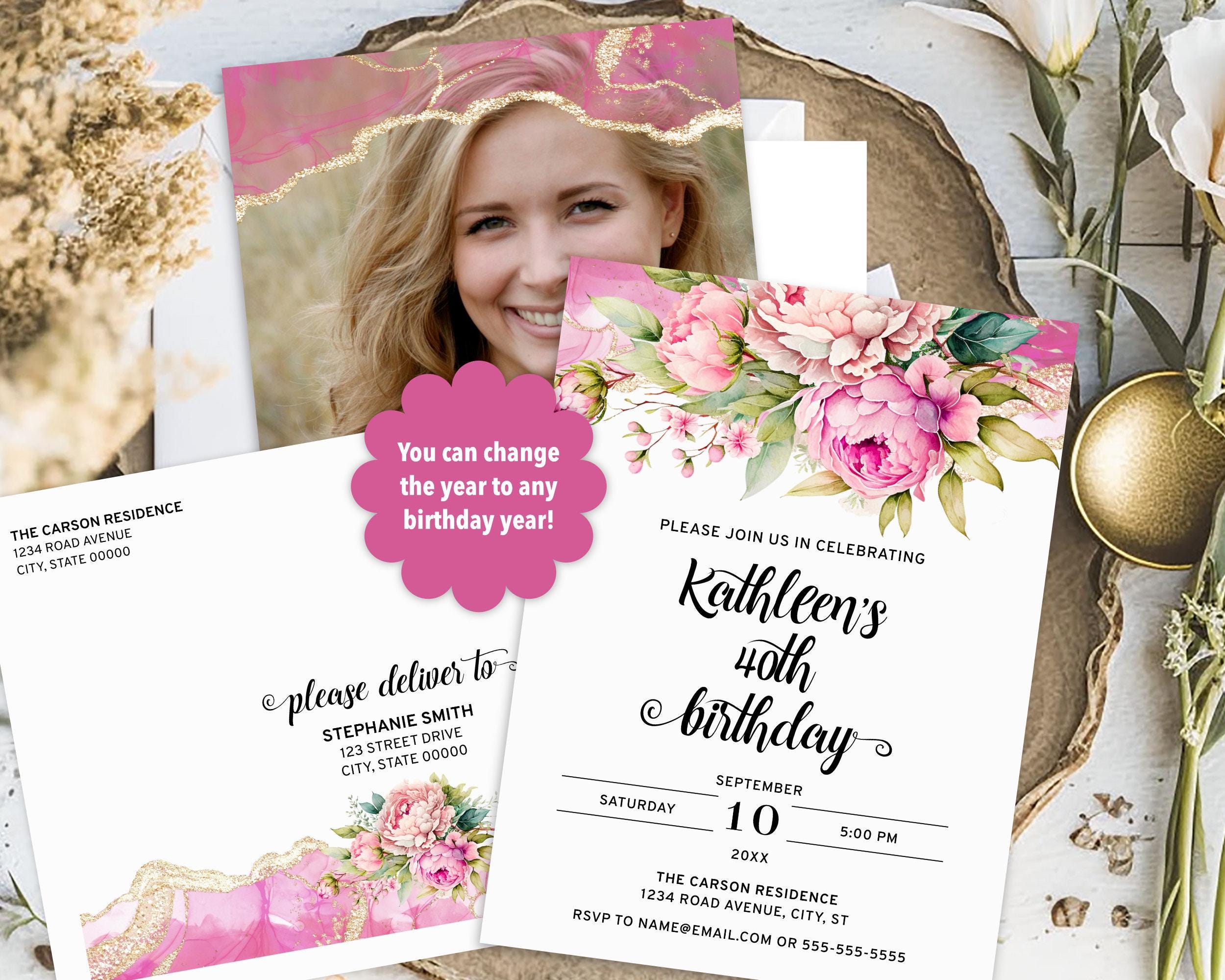 Pink Floral Birthday Party Invitation Template With Pink Watercolor ...