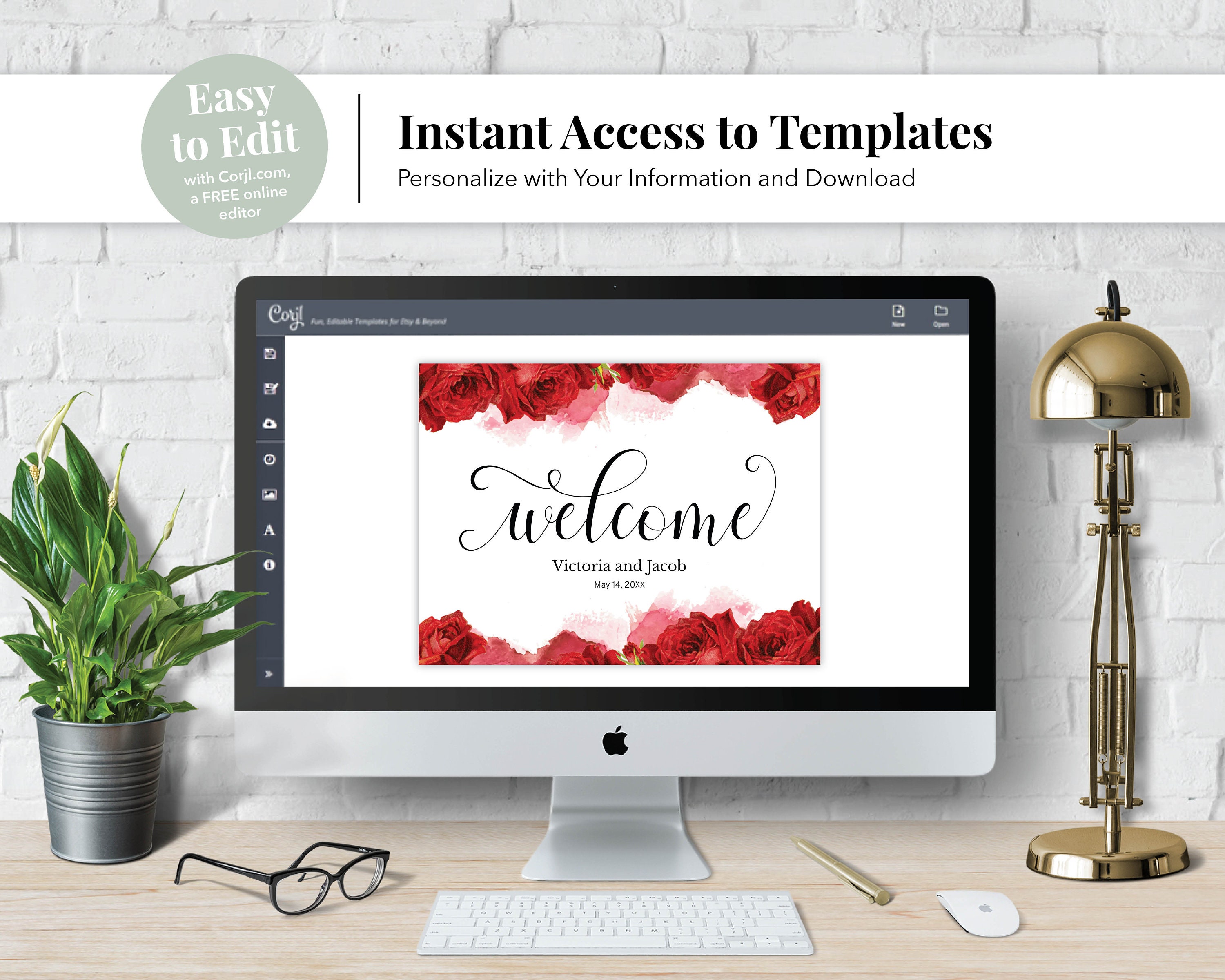 Red Wedding Welcome Sign Template With Red Roses and Red Watercolor ...