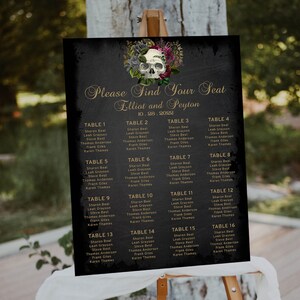 Goth Wedding Seating Chart With a Masquerade Skull of Pink Flowers and ...