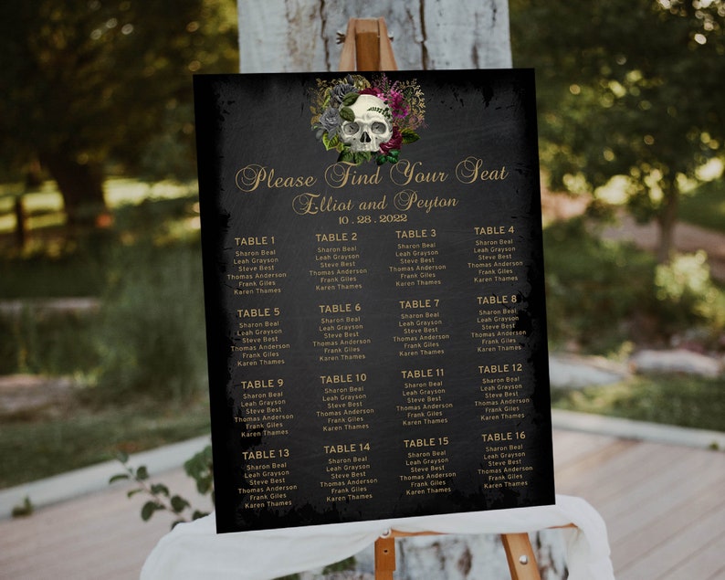 Goth Wedding Seating Chart With a Masquerade Skull of Pink Flowers and ...