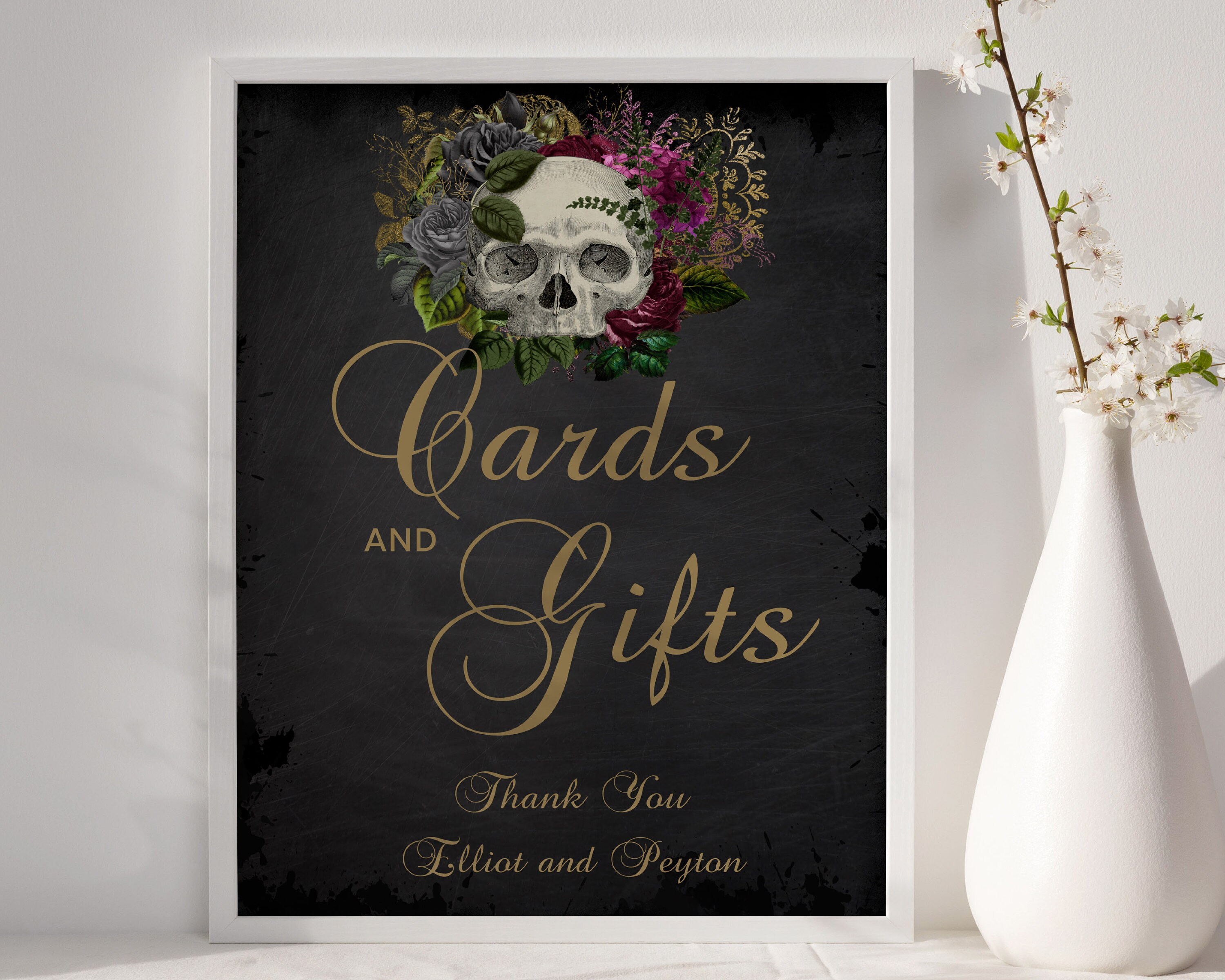 Goth Gift Table Sign With a Masquerade Skull of Pink Flowers and Black ...
