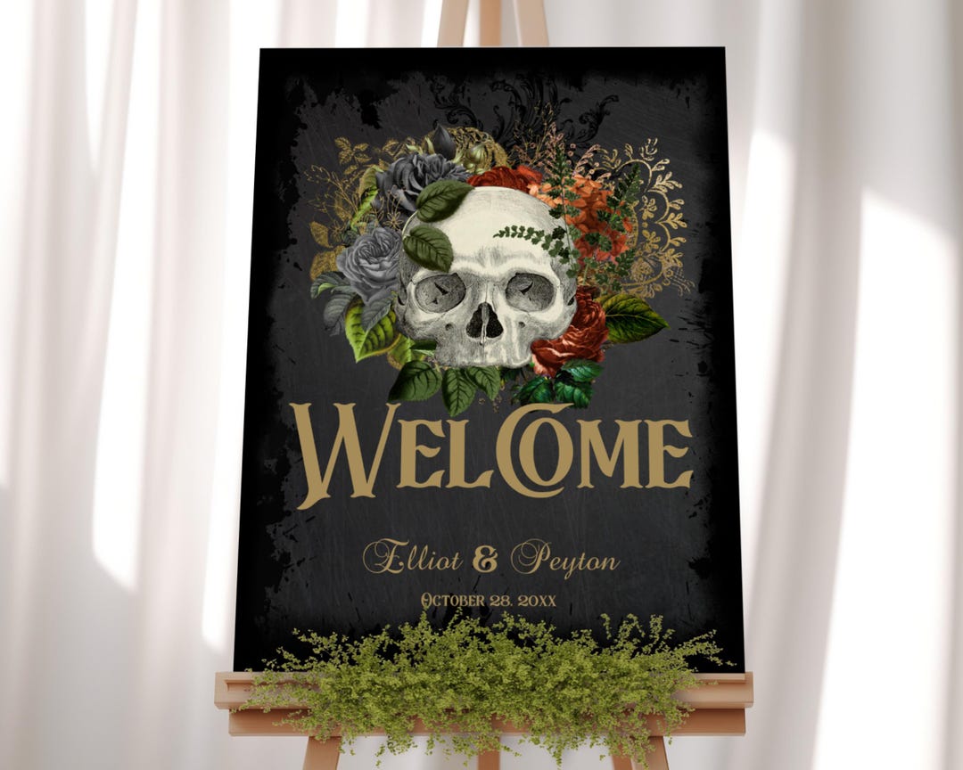 Goth Wedding Welcome Sign Template With a Masquerade Skull of Burnt ...