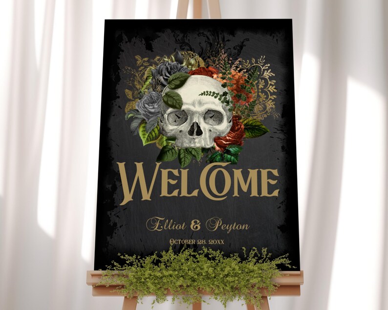 Goth Wedding Welcome Sign Template With a Masquerade Skull of Burnt ...