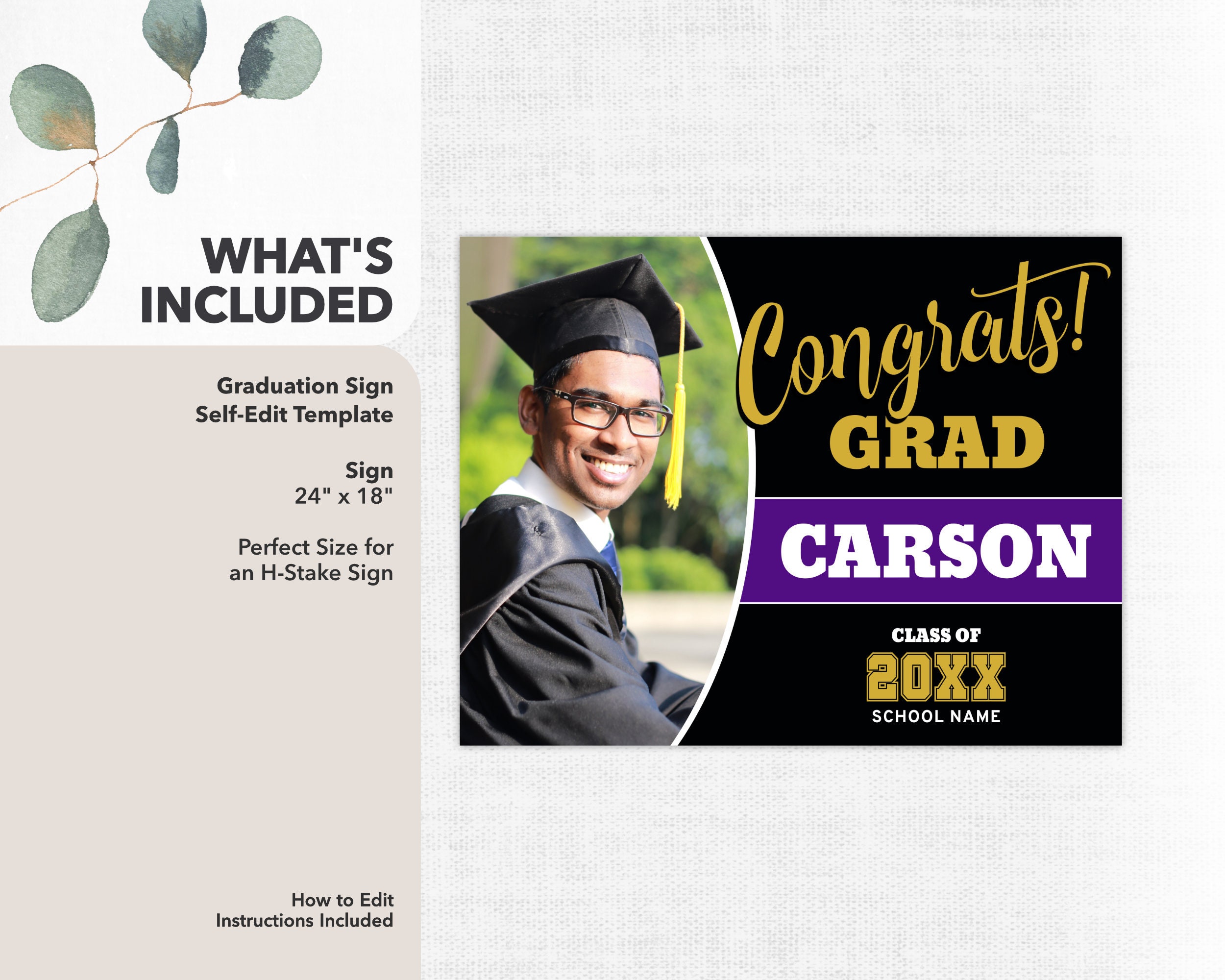Graduation Yard Sign | Photo Lawn Sign Template, Gold, Black and Purple ...