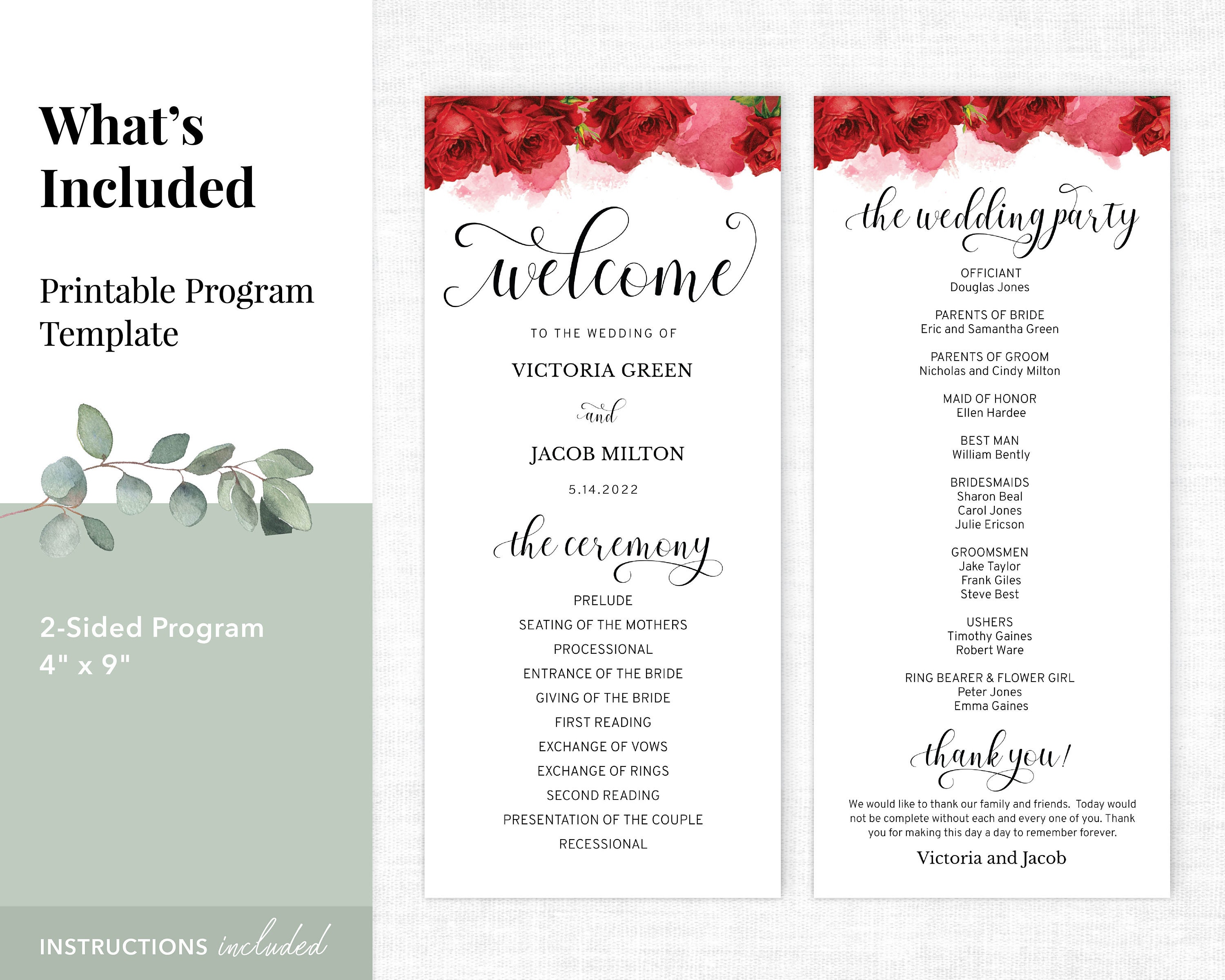 Red Wedding Program Template Download With Red Roses and Red Watercolor ...