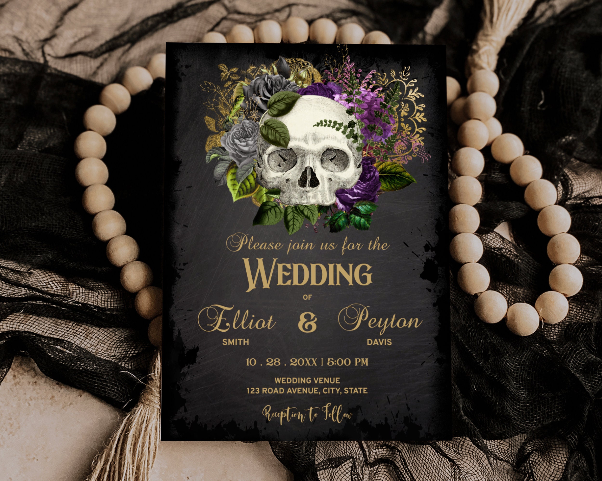 Goth Wedding Invitation Suite With a Masquerade Skull of Purple Flowers ...