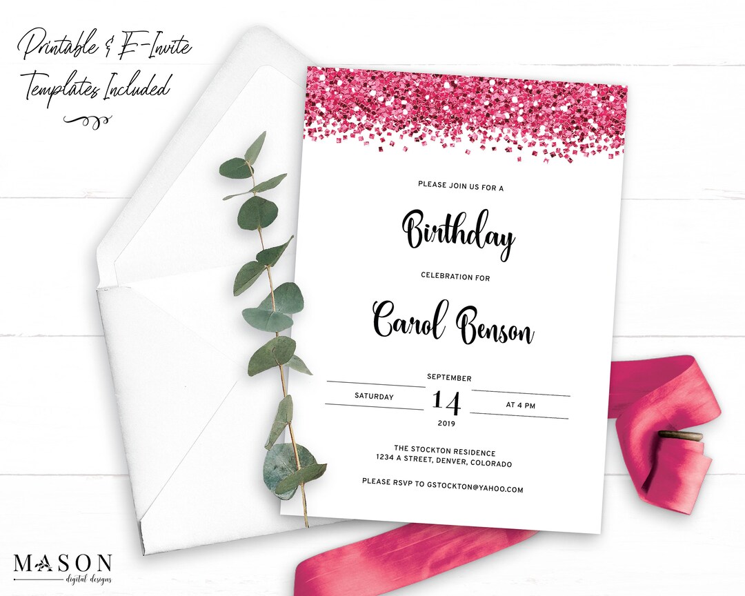 Rose Pink Birthday Party Invitation Sparkling Glitter Invite - Etsy