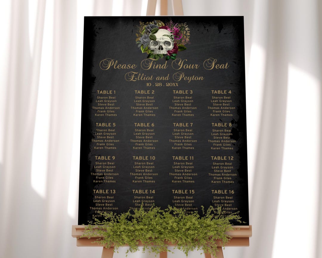 Goth Wedding Seating Chart With a Masquerade Skull of Pink Flowers and ...