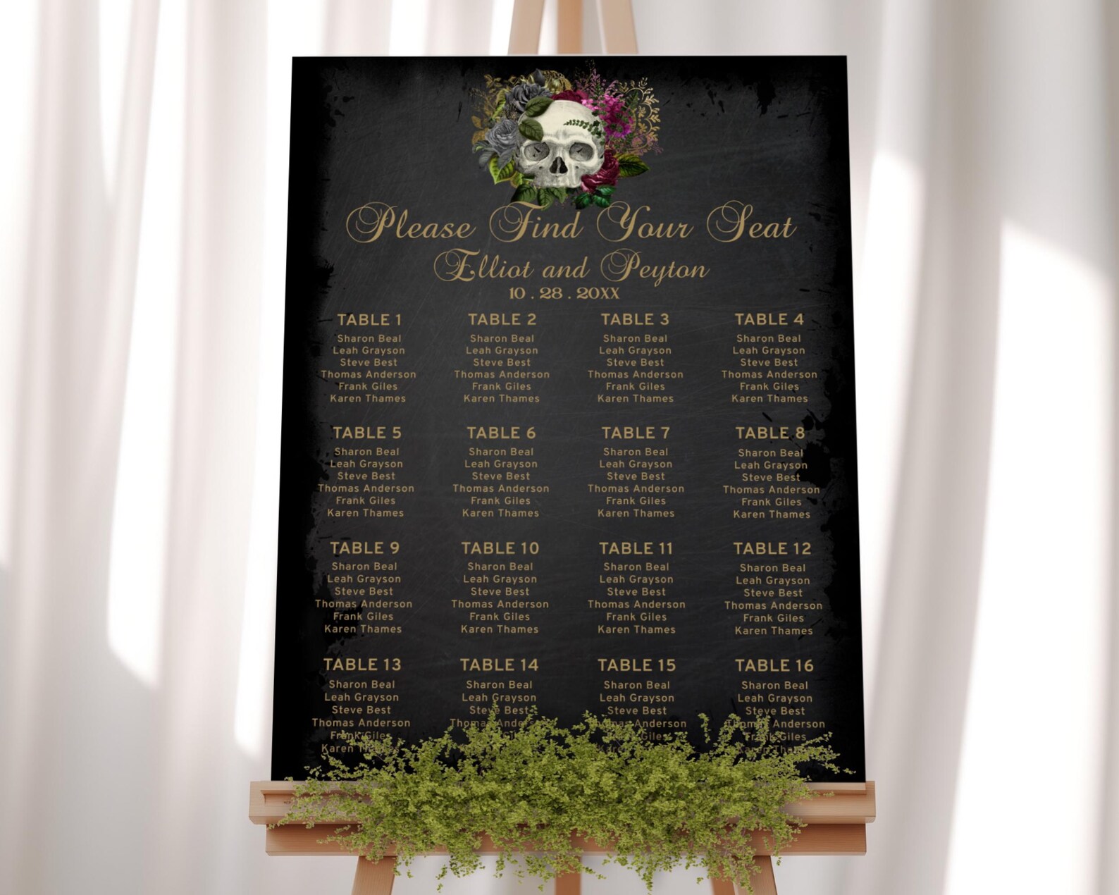 Goth Wedding Seating Chart With a Masquerade Skull of Pink Flowers and ...