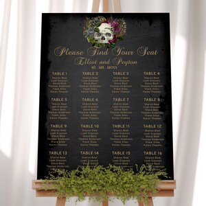 Goth Wedding Seating Chart With a Masquerade Skull of Pink Flowers and ...