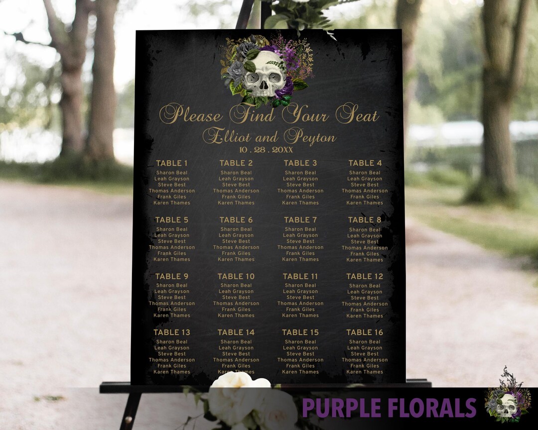 Goth Wedding Seating Chart With a Masquerade Skull of Purple Flowers ...