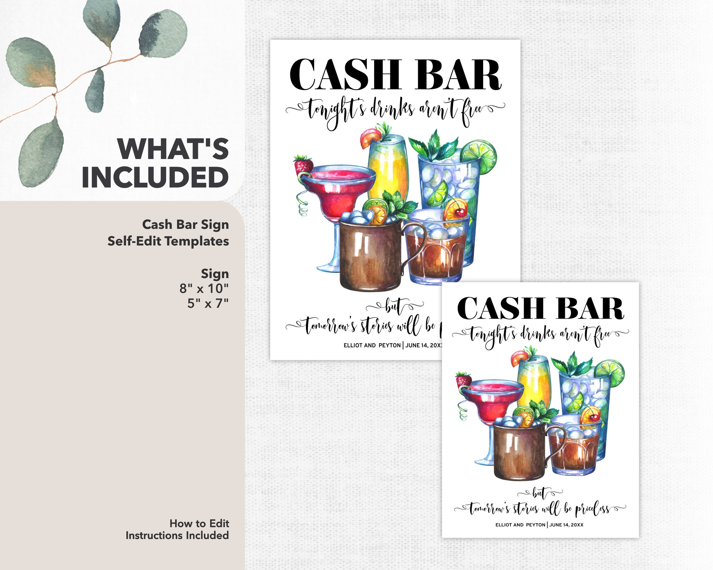 CASH BAR SIGN, Printable Template Drink Sign With Cocktails, Drinks ...