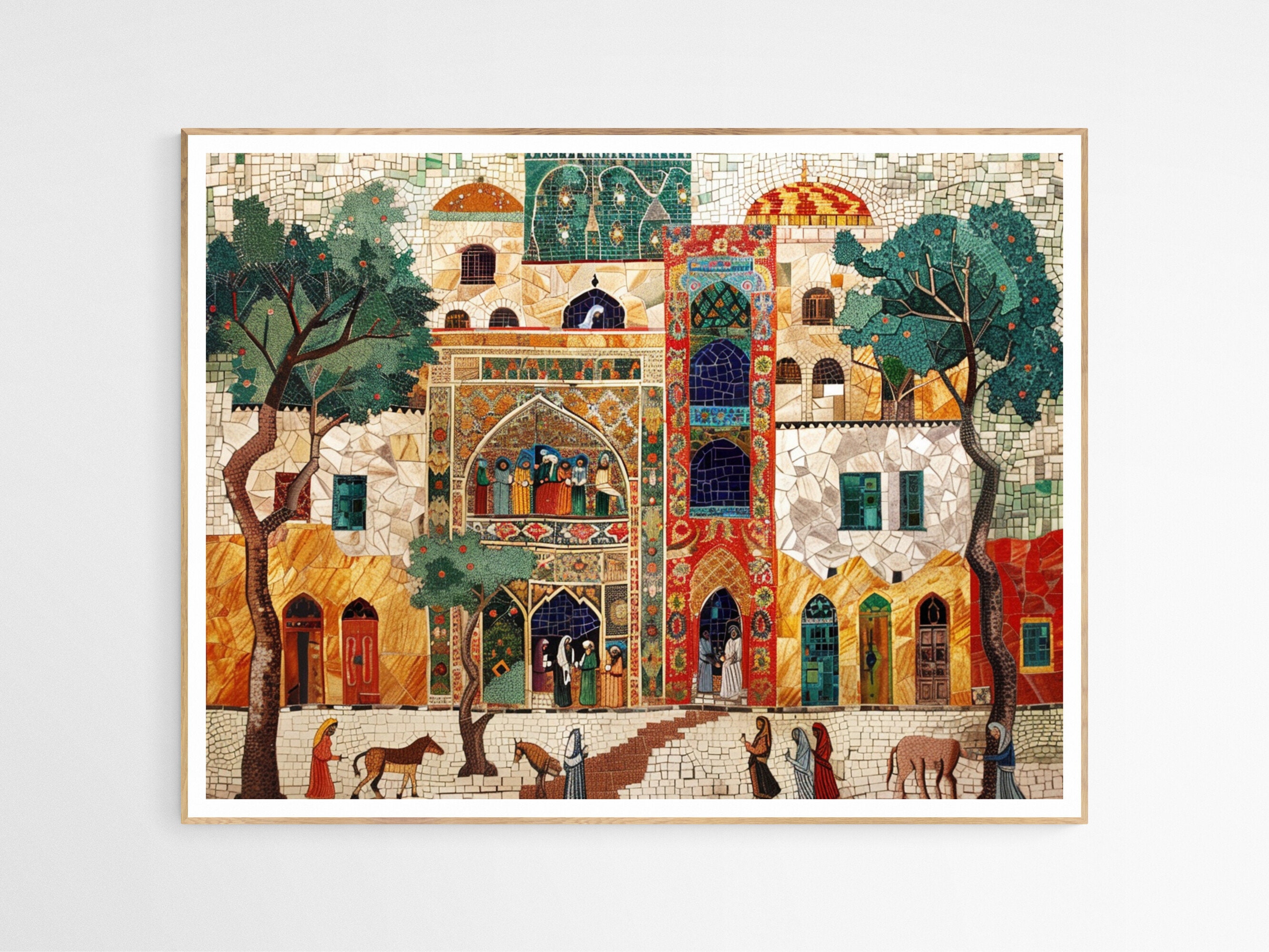 Persian Mosaic Village Art Print | Colorful Village Scene, Lively ...