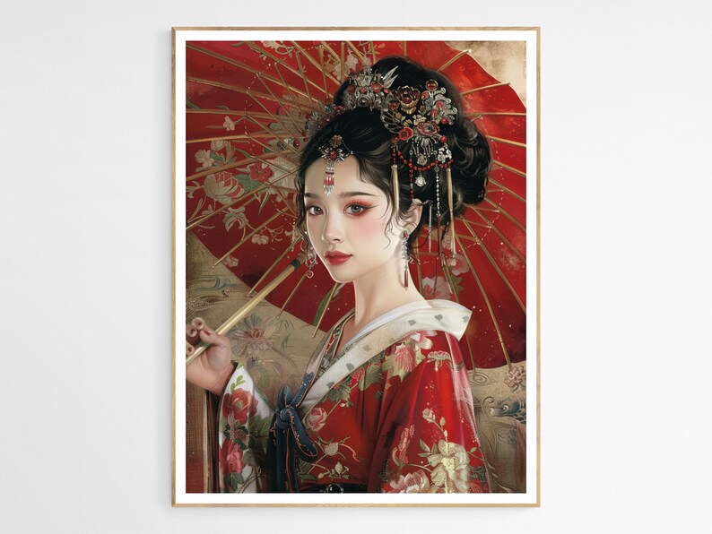 Beautiful Traditional Japanese Woman Art Print Japanese Wagasa Umbrella ...