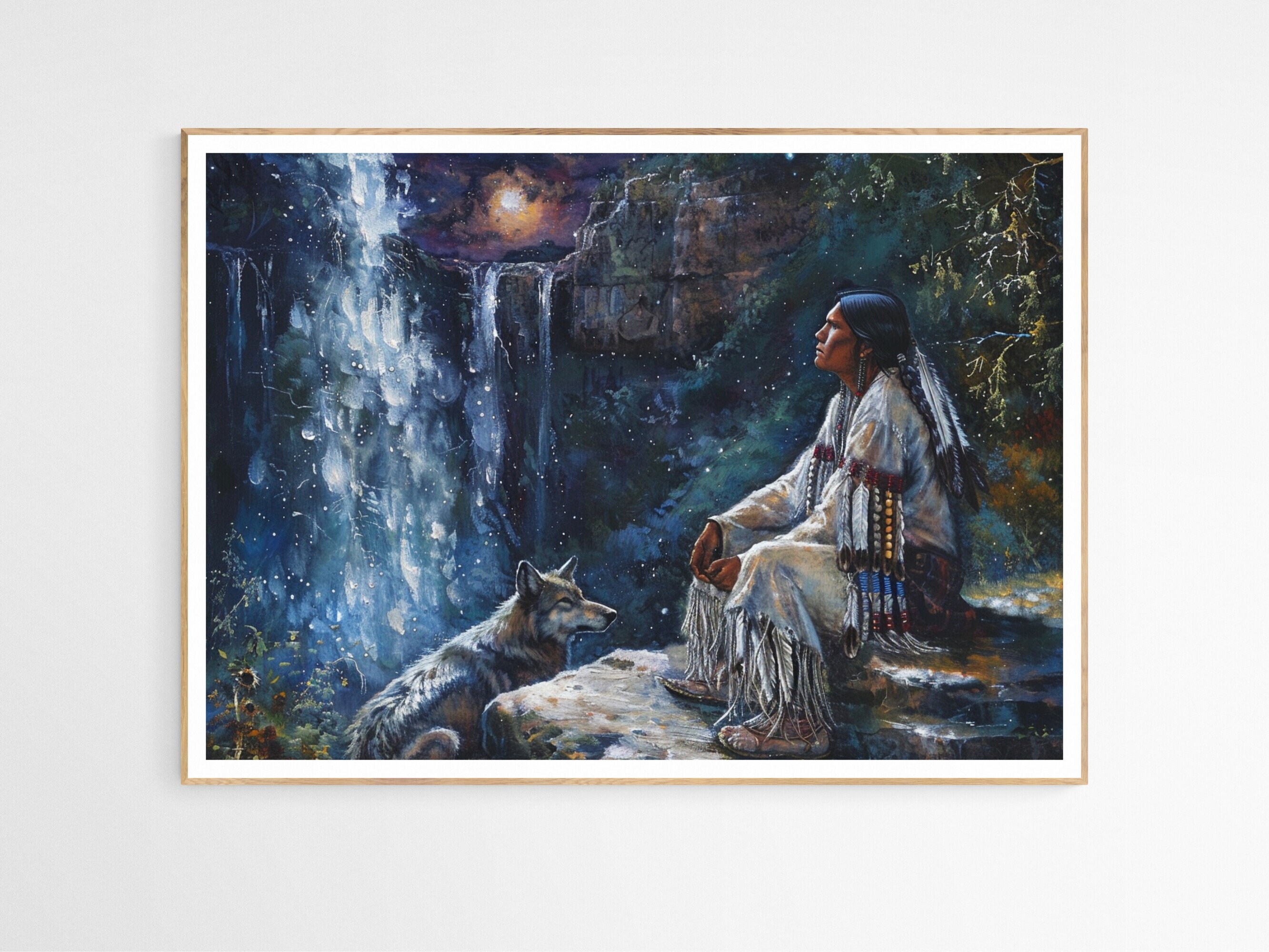 Waterfall Moonlight Native American Art Print Authentic Heritage Art ...