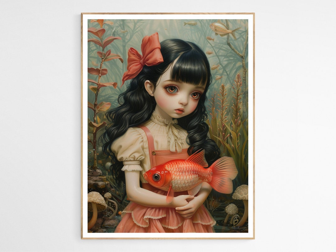Brea and the Fish Doll Art Print | Retro Doll Art Print, Unique Bedroom ...