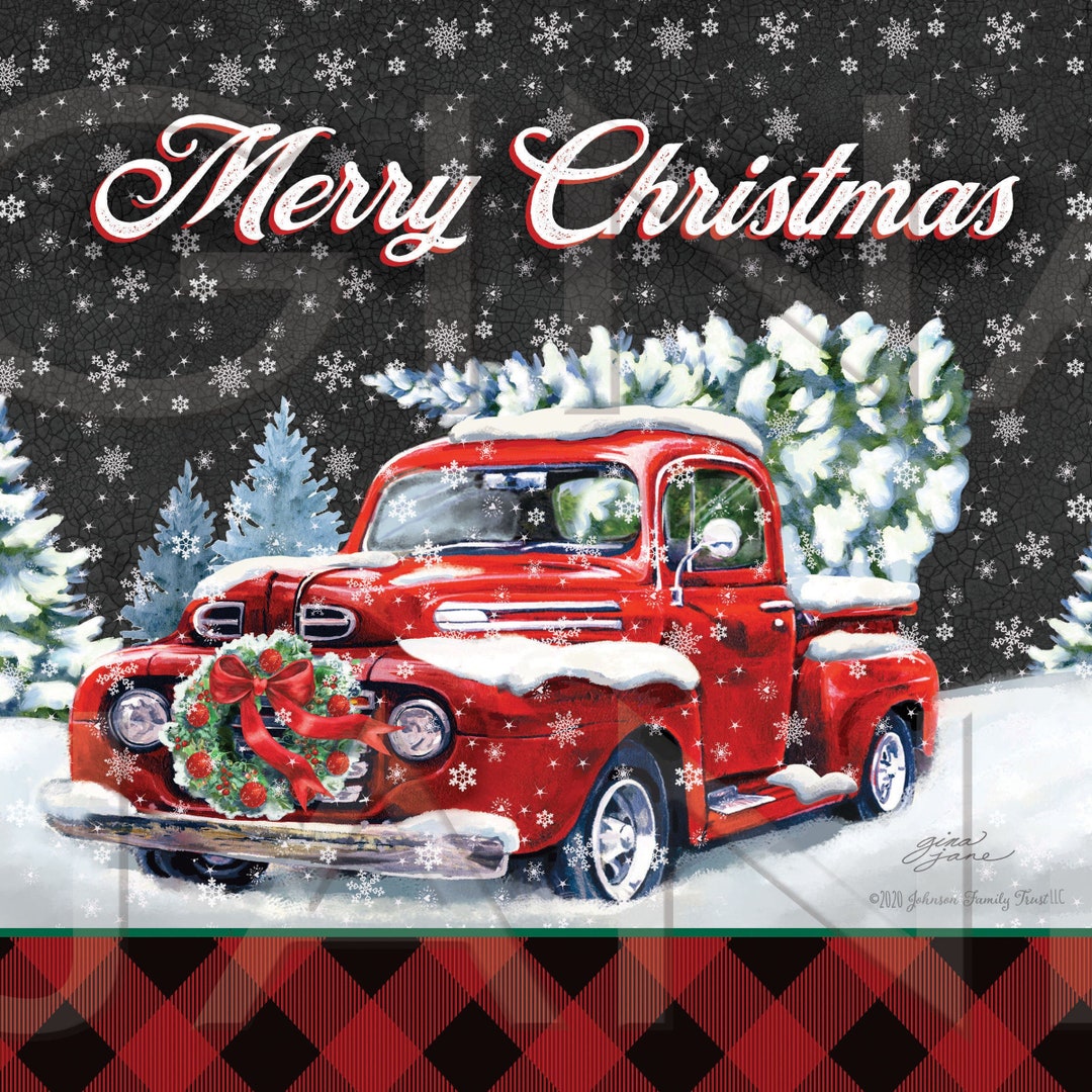 Christmas Red FORD 1949 Truck With Frosted Tree Wall Decor Printable ...