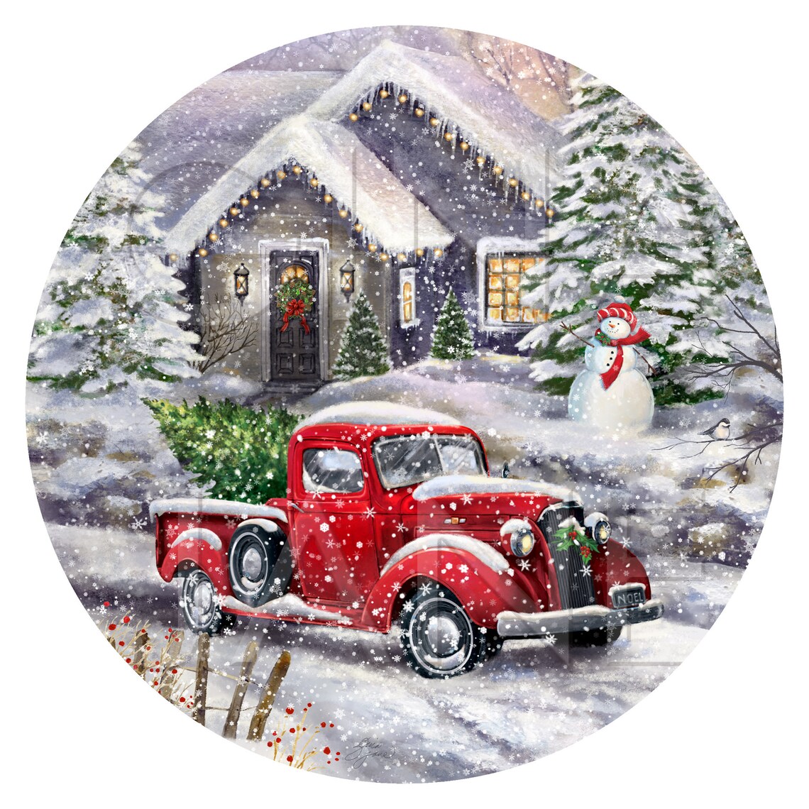 Vintage Christmas Red Truck Tree Decor Wreath Sign Digital | Etsy