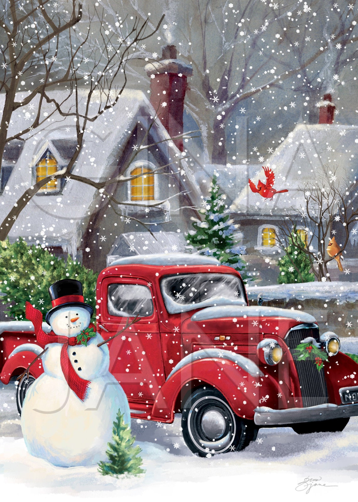 Heirloom Red Truck With Snowman Print Digital Art - Etsy
