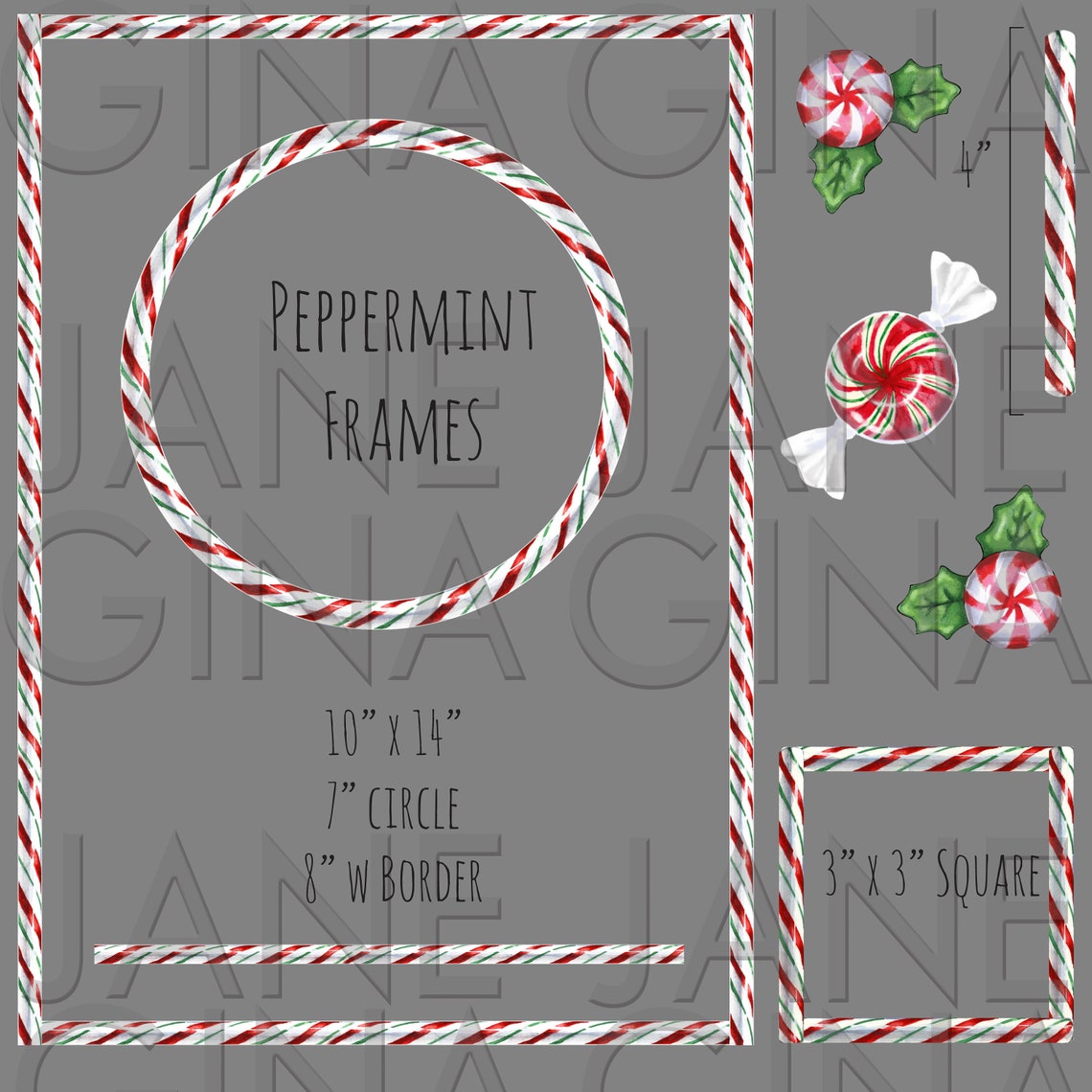Peppermint Candy Cane Frames PNG by Gina Jane Digital DIY | Etsy
