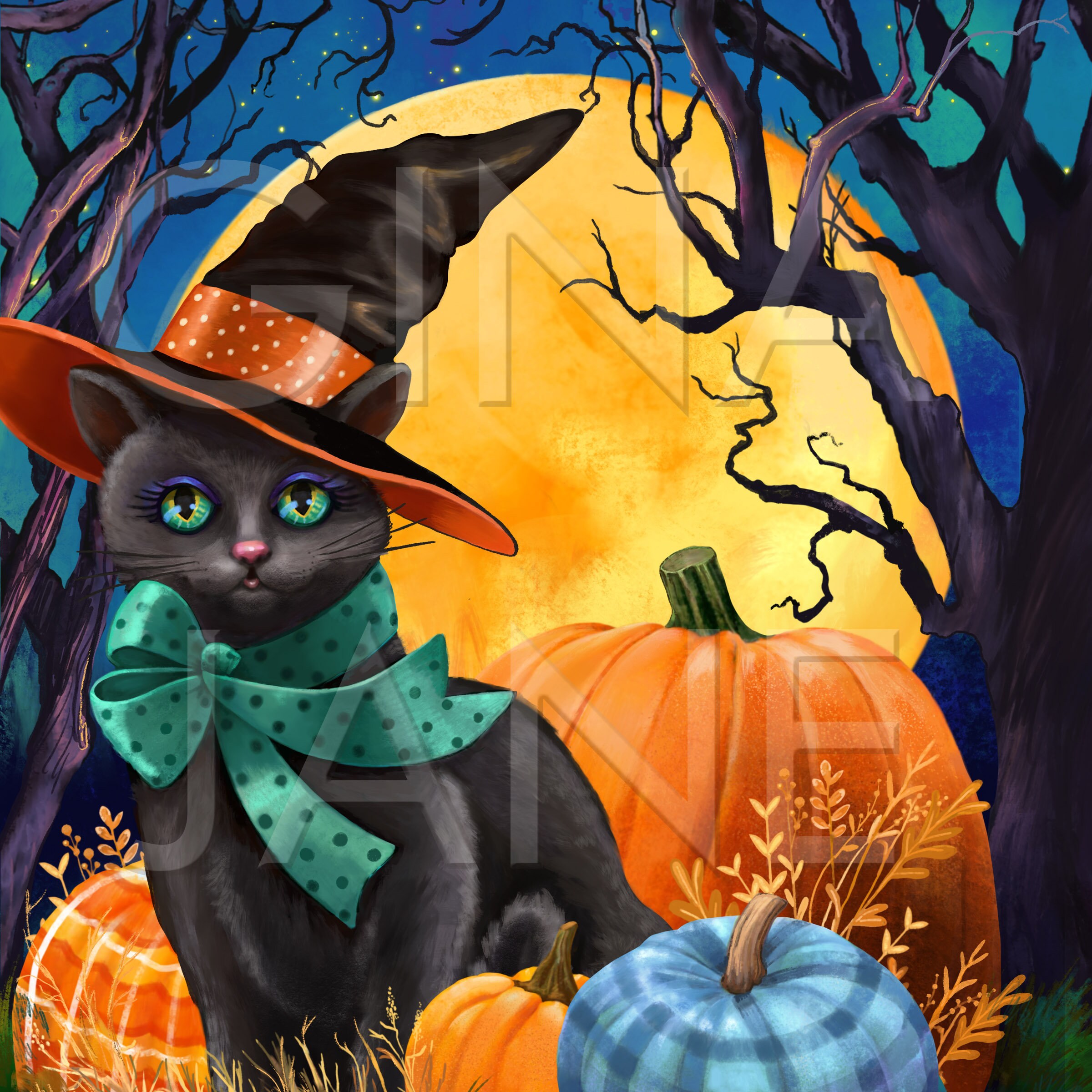Halloween Black Cat Witch With Pumpkins and Full Moon Vintage Style ...