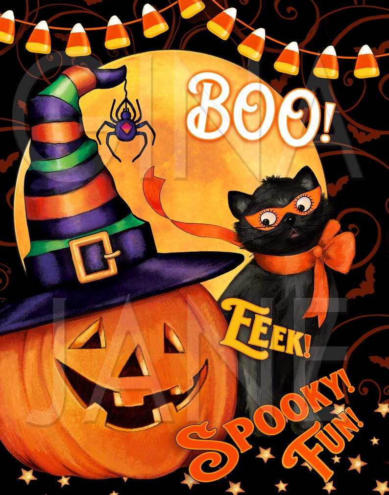 Halloween Pumpkin Witch Hat Black Cat vintage Style DIY | Etsy