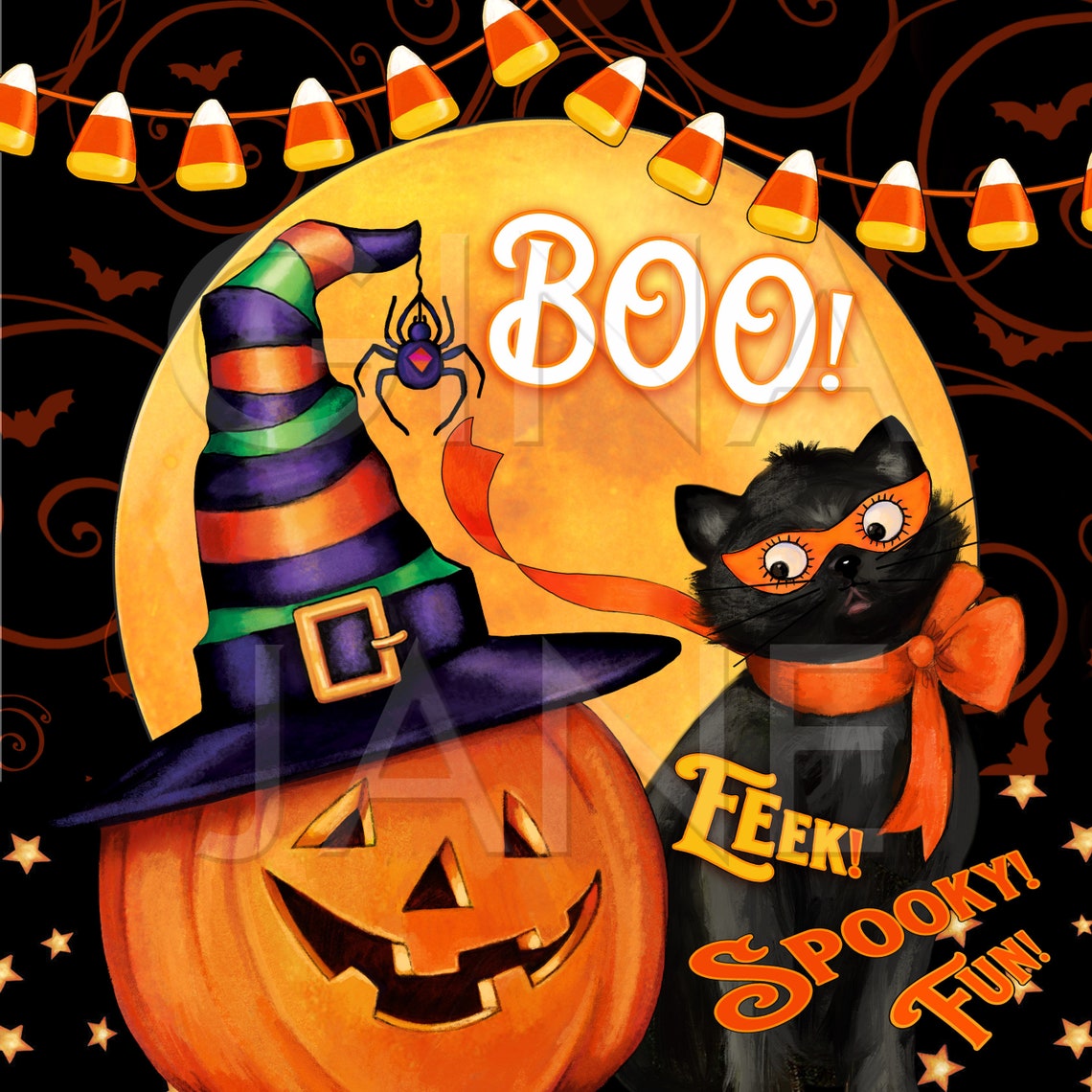 Halloween Pumpkin Witch Hat Black Cat vintage Style DIY | Etsy