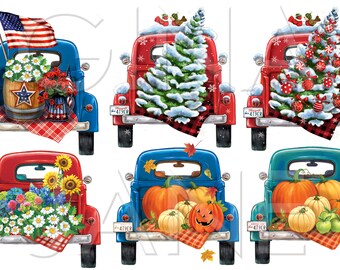 Trucks PNG Fall Truck Vintage Trucks Seasons Digital Red Teal Blue ...