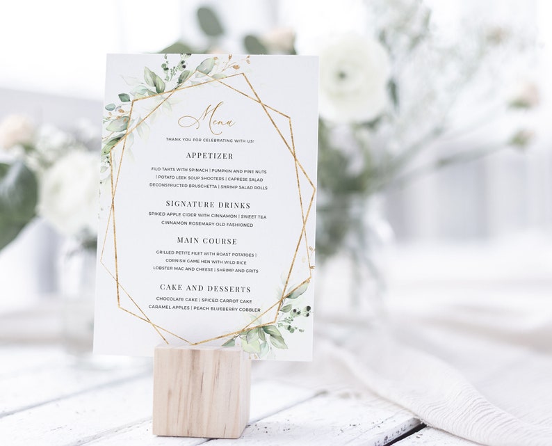 Greenery and Gold Wedding Menu Card Template, Elegant Wedding Menu ...
