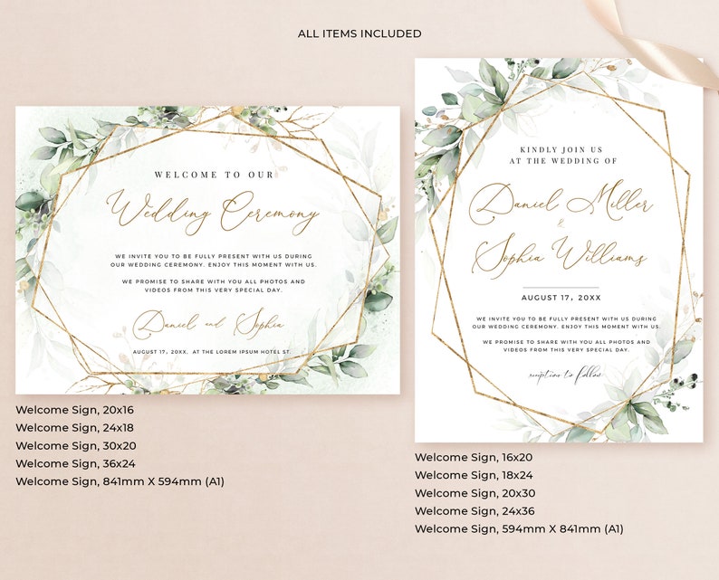 Greenery and Gold Wedding Welcome Sign Board,wedding Welcome Sign ...