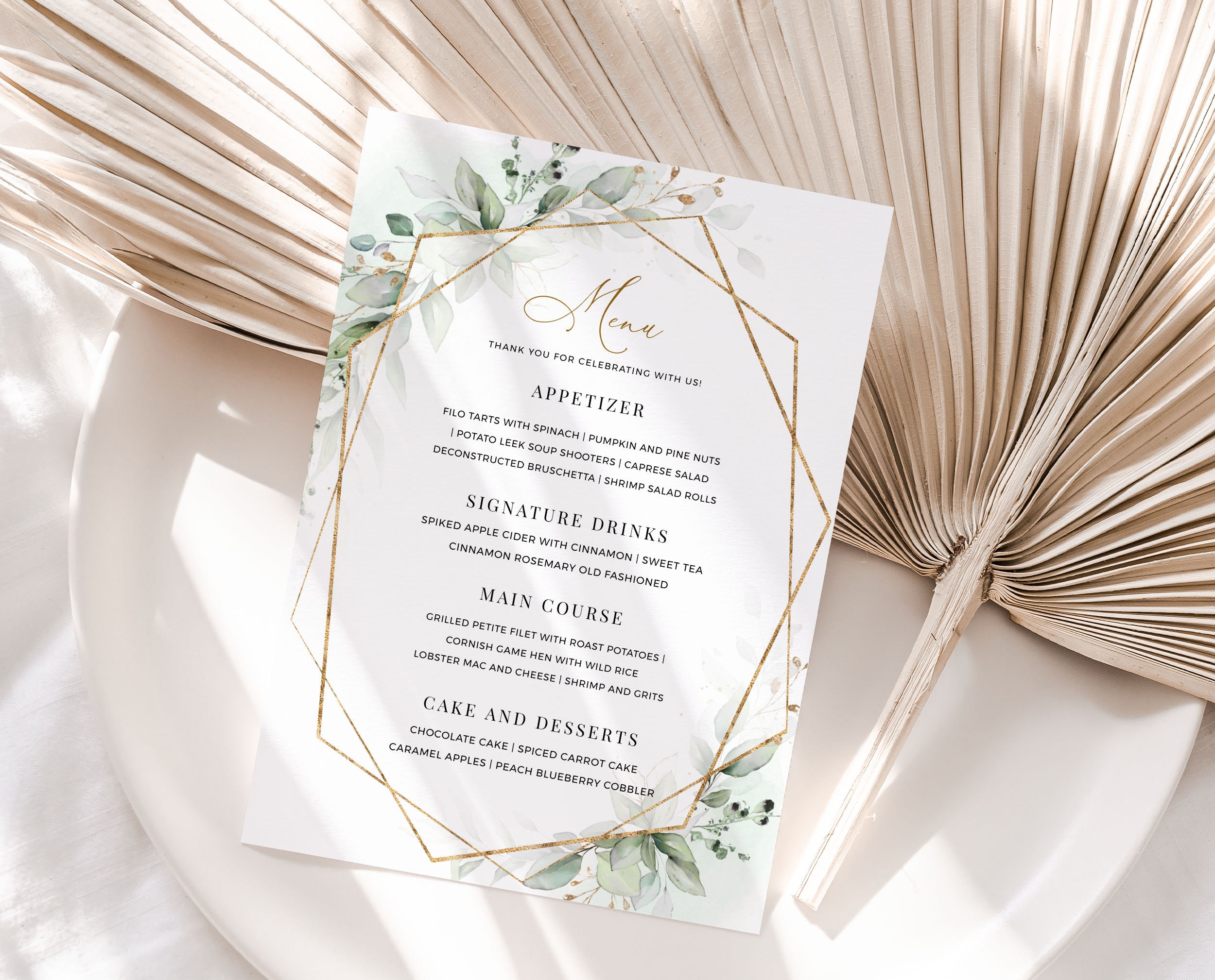 Greenery and Gold Wedding Menu Card Template, Elegant Wedding Menu ...