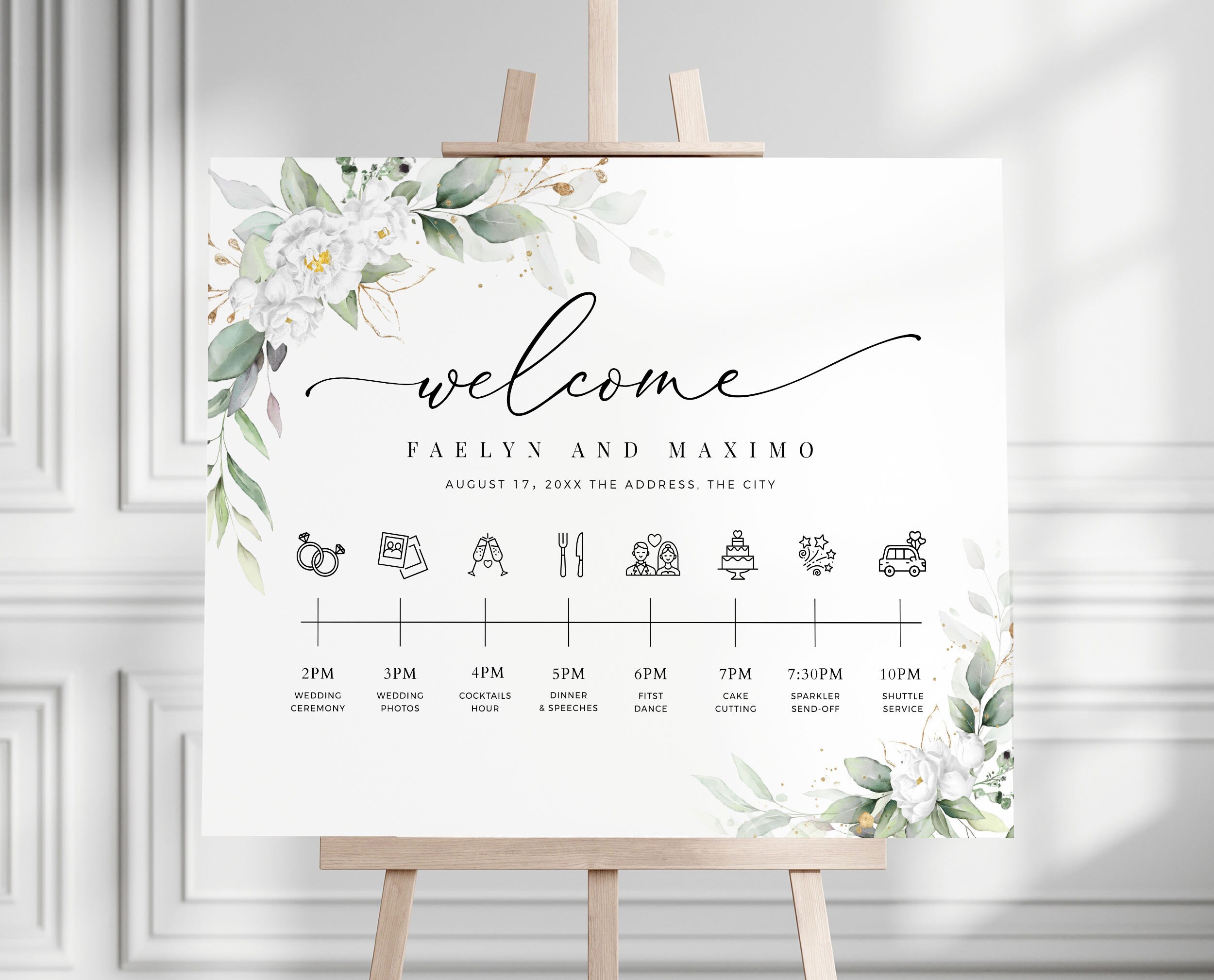 White Rose Wedding Timeline Sign Templateeditable Wedding - Etsy