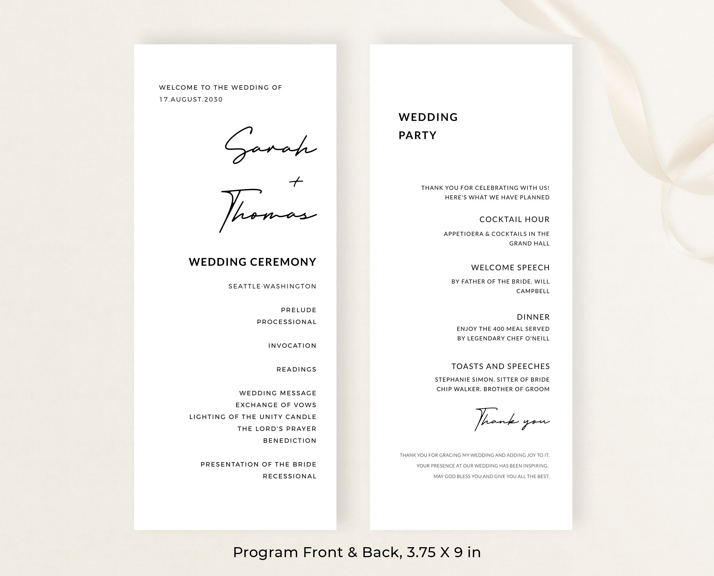 Minimal Script Wedding Program Template, Simple Wedding Plan Cards ...