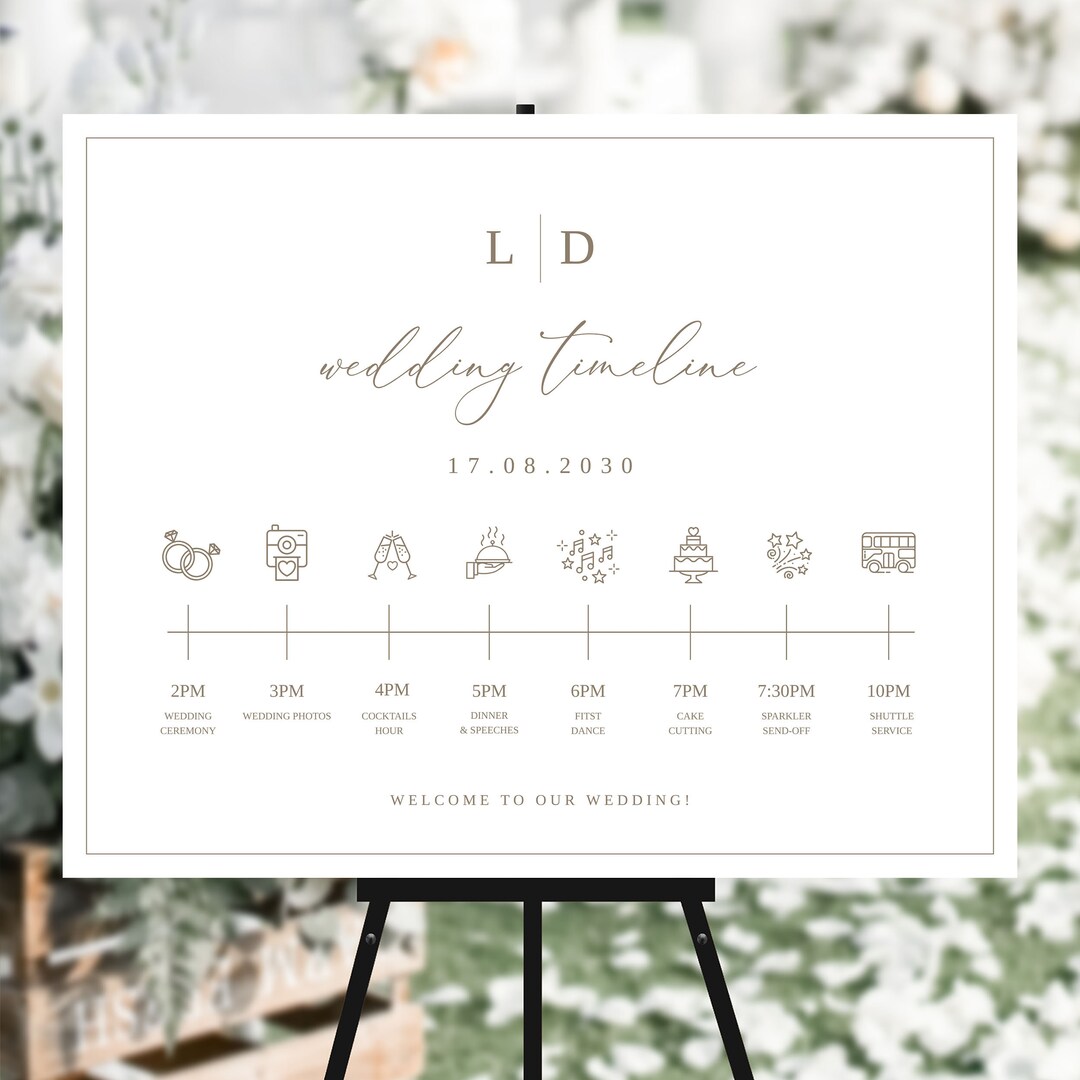 Monogram and Border Wedding Timeline Board Template, Simple Wedding ...