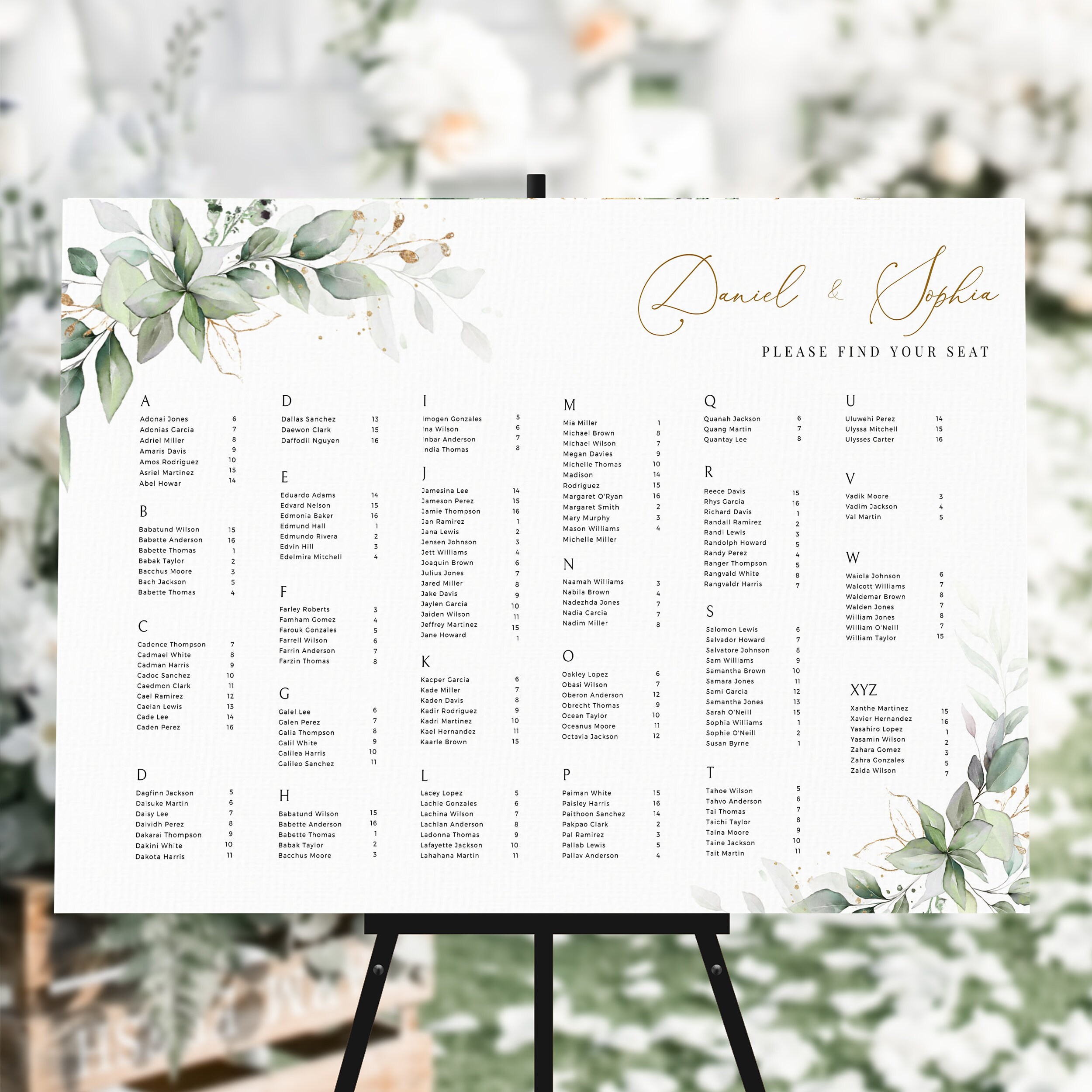 Alphabetical Wedding Seating Chart Template, Printable Wedding Seating ...